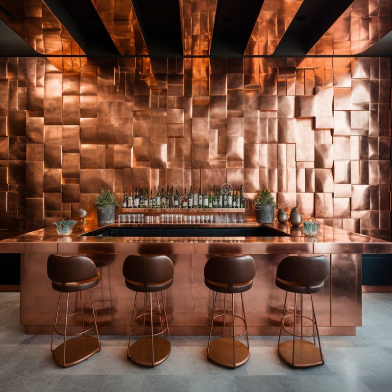 A Stylish Bar Area with a 3D Copper Wall Design Stock Illustration ...