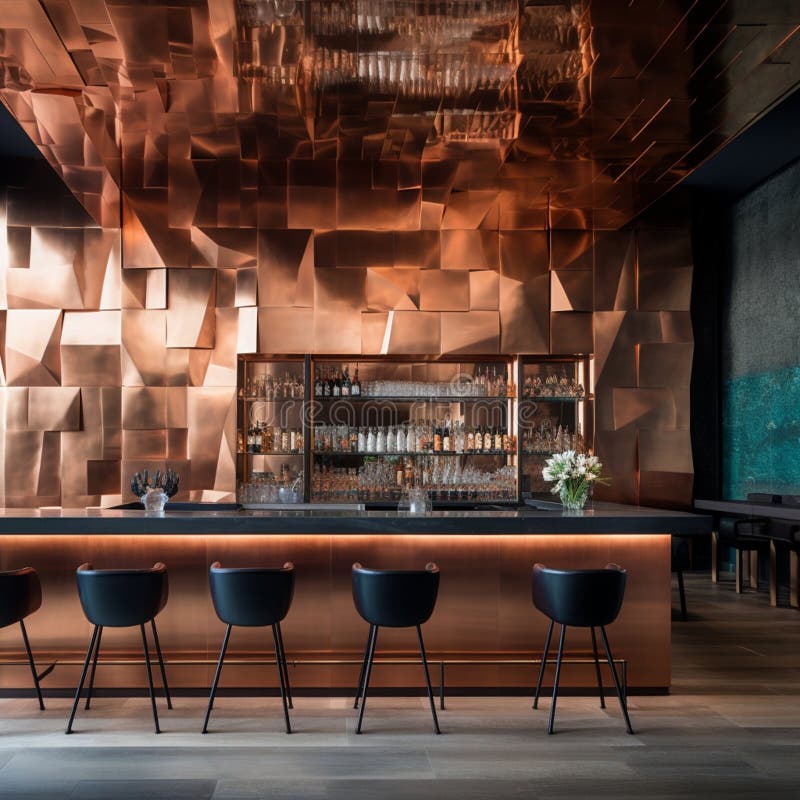 A Stylish Bar Area with a 3D Copper Wall Design Stock Illustration ...