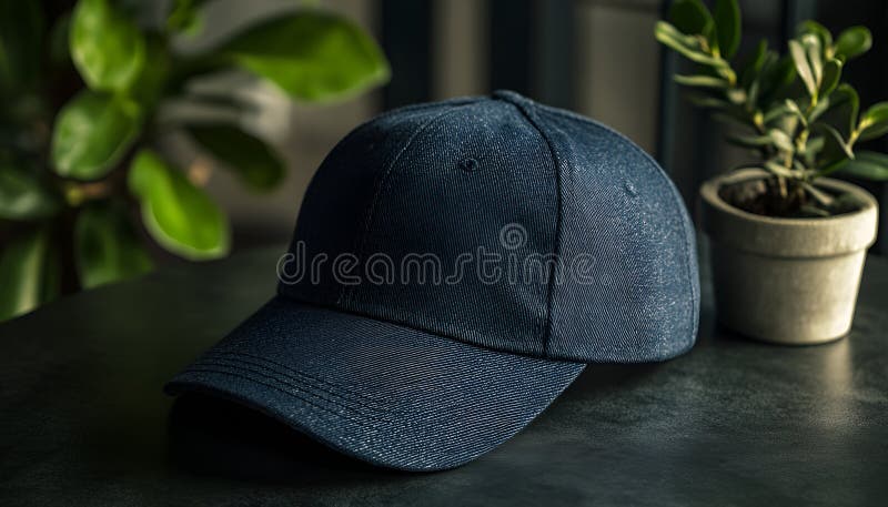 Stylish Baseball Cap on Dark Textured Table, Close-up. Mockup for ...