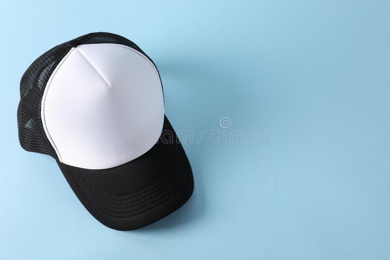 Stylish Baseball Cap on Light Blue Background, Above View. Mockup for ...