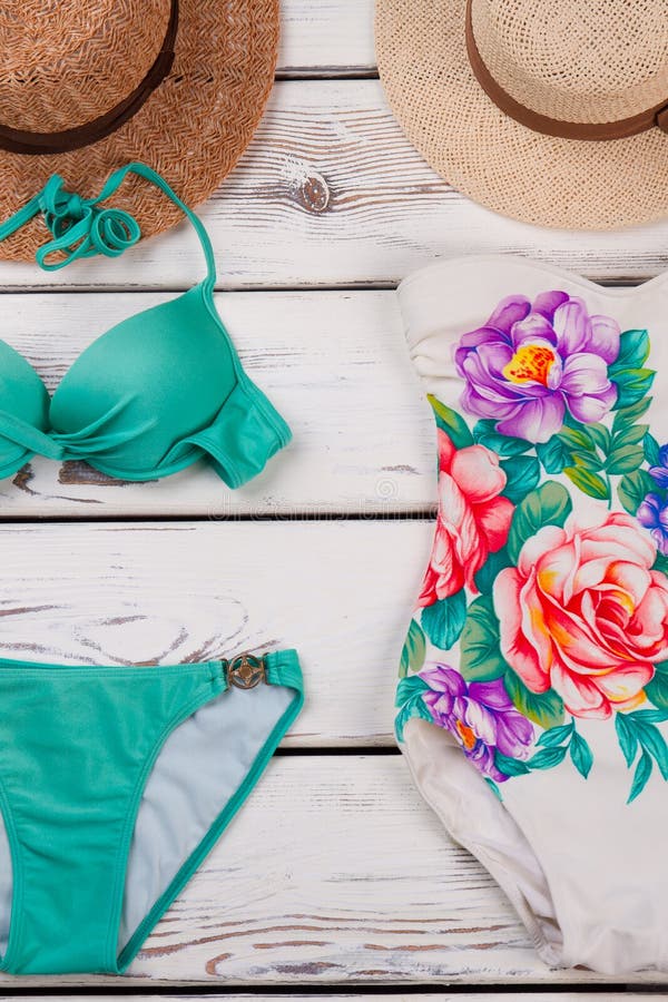 Stylish Bathing Costumes and Hats. Stock Photo - Image of dress, mint ...