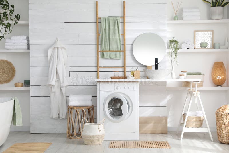 Stylish Bathroom Interior with Modern Washing Machine Stock Image ...