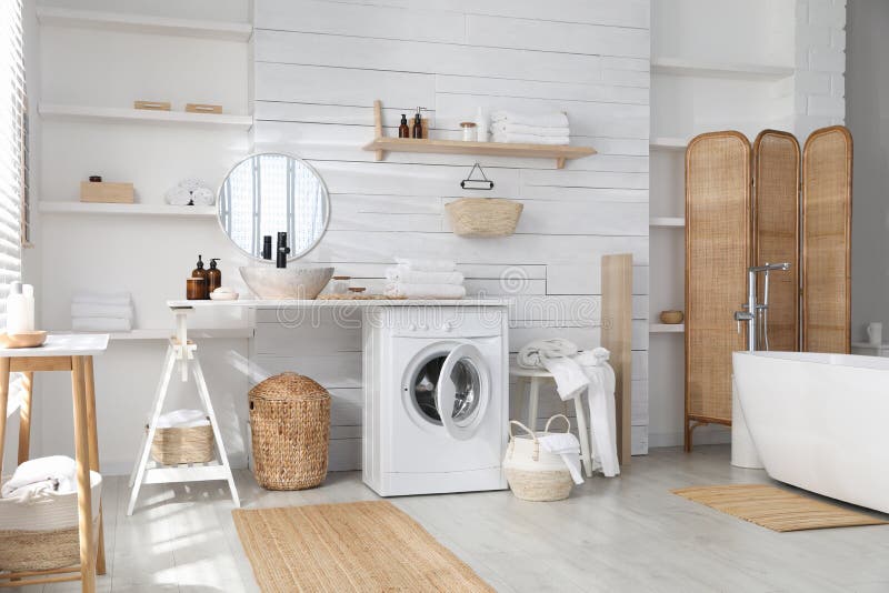 Stylish Bathroom Interior with Modern Washing Machine Stock Photo ...
