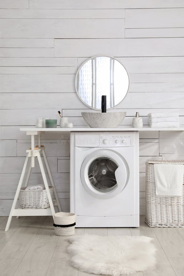Stylish Bathroom Interior with Modern Washing Machine Stock Photo ...