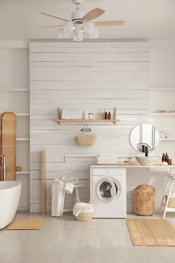 Stylish Bathroom Interior with Modern Washing Machine Stock Image ...