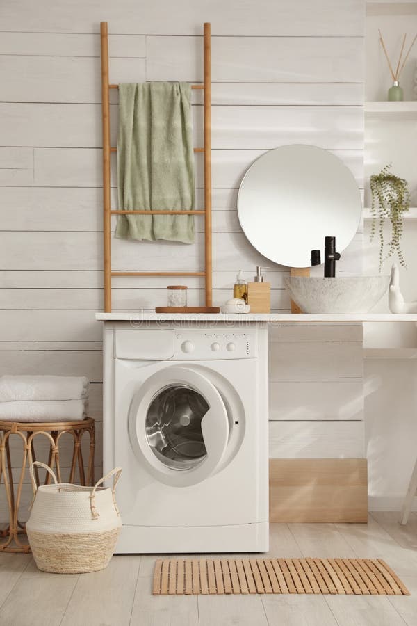 Stylish Bathroom Interior with Modern Washing Machine Stock Photo ...