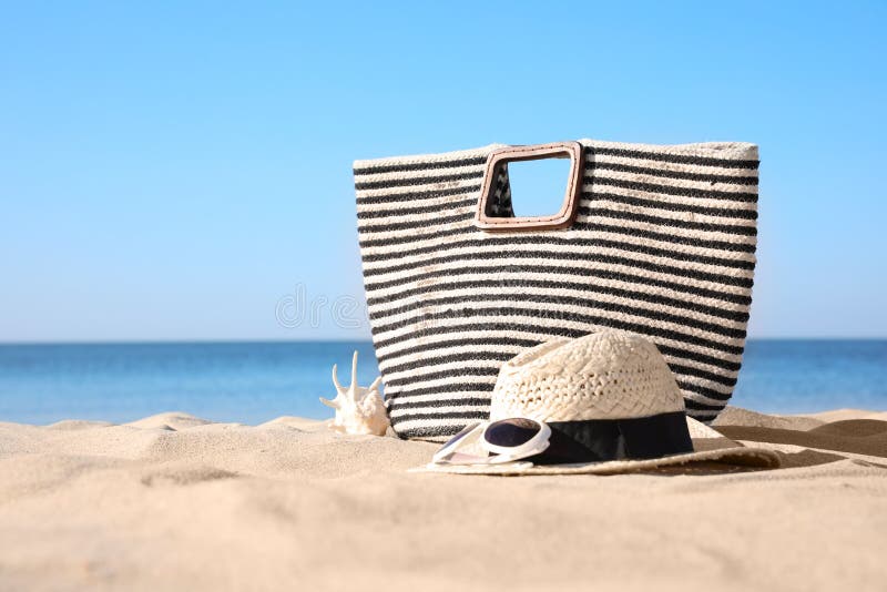 Stylish Beach Accessories on Sand Stock Image - Image of marine, nature ...