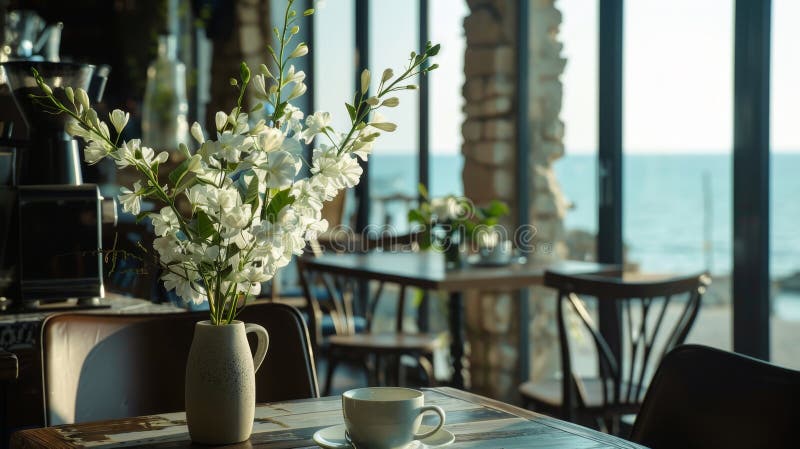 Stylish Beachfront Cafe with Large Windows, Coffee on Table, White ...
