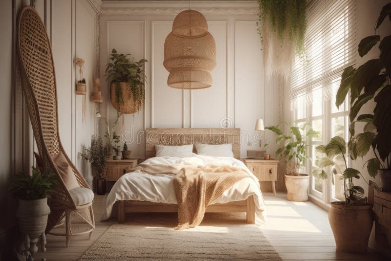 Stylish Bedroom in Boho Style with Beautiful Light, Bed Interior Made ...