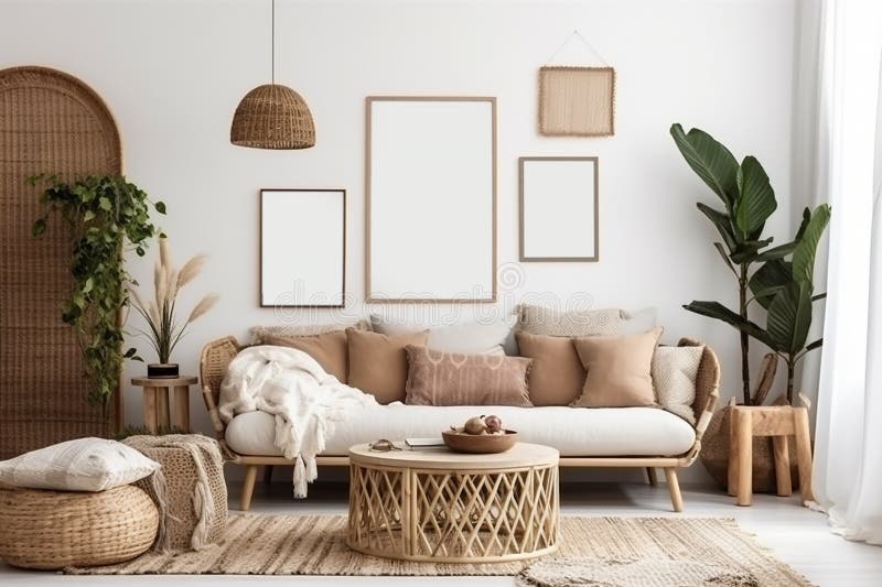 Stylish Bedroom Interior Design in Boho Style with Blank Poster Frame ...