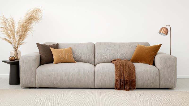 A Stylish Beige Couch with Brown Blanket and Fall-themed Pillows is ...