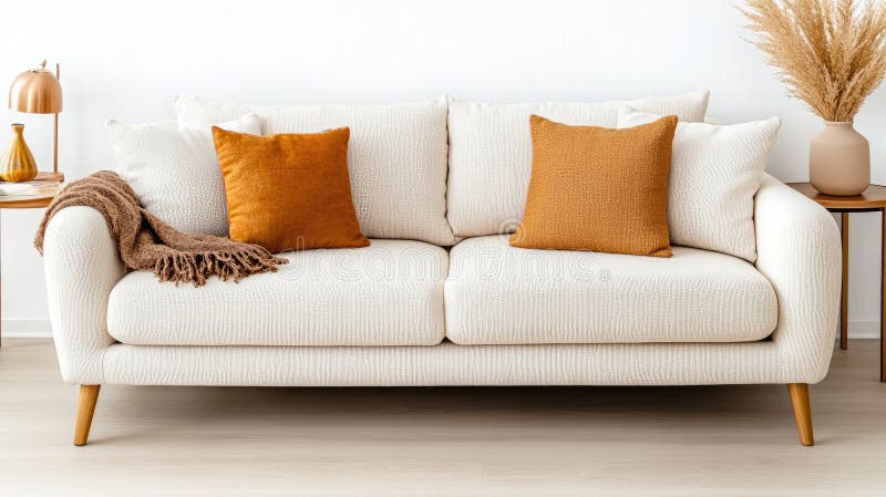 A Stylish Beige Couch with Brown Blanket and Fall-themed Pillows is ...