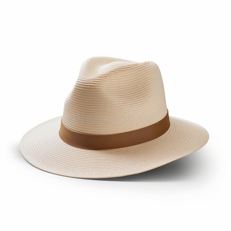 Stylish Beige Fedora Hat with Brown Band Isolated on White Stock ...