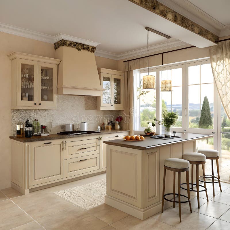 A Stylish Beige Kitchen Interior Featuring a Bar Counter, Ideal for ...