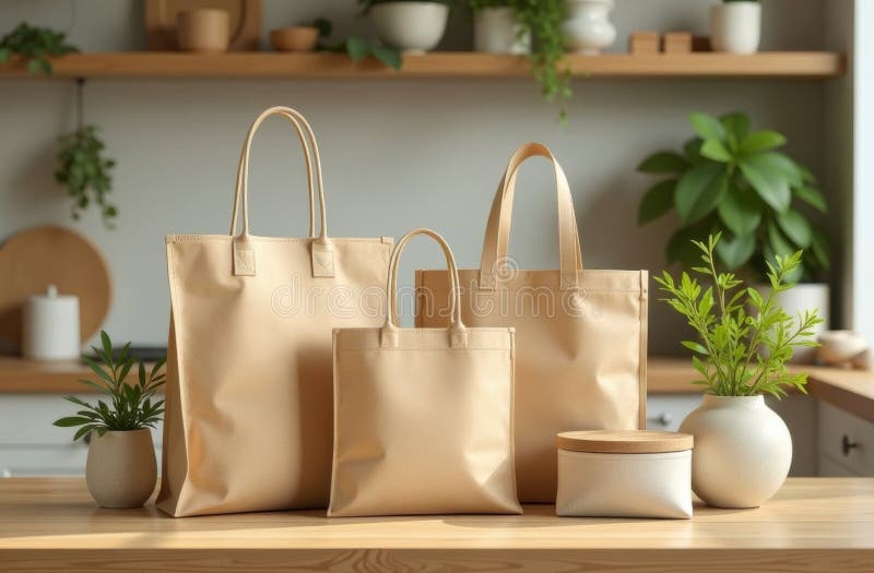 Stylish Beige Reusable Bags and Containers in a Bright Kitchen Setting ...
