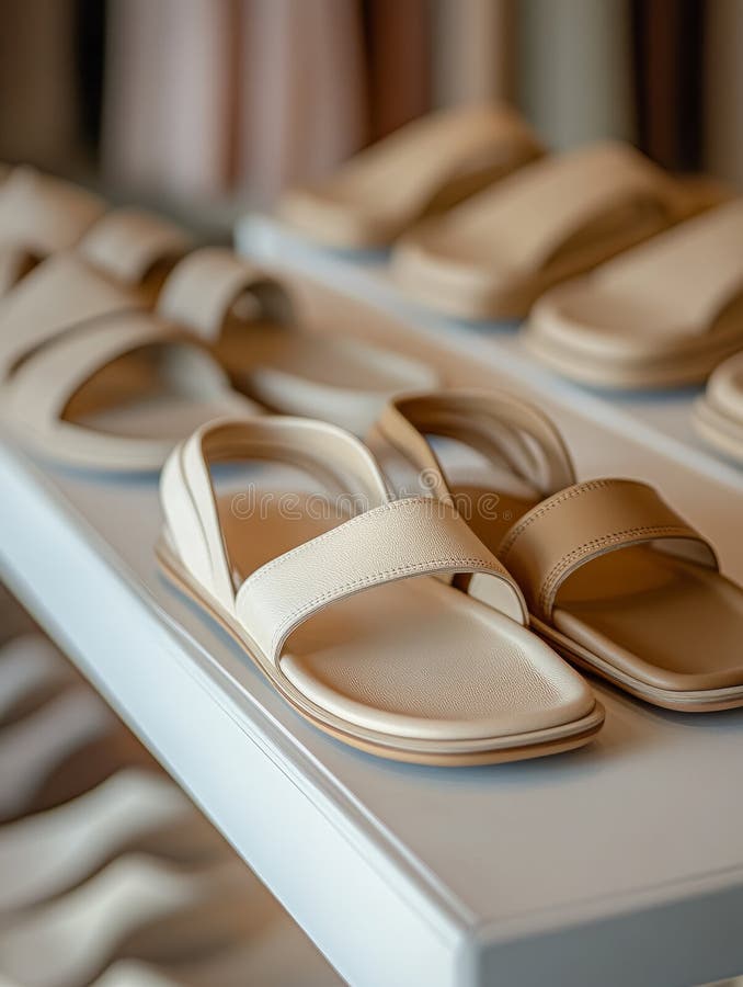 Stylish Beige Sandals on a Retail Display Shelf. Stock Image - Image of casualwear, beige: 365361315
