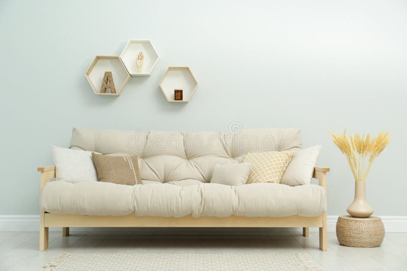 Stylish Beige Sofa in Living Room Interior Stock Image - Image of light ...