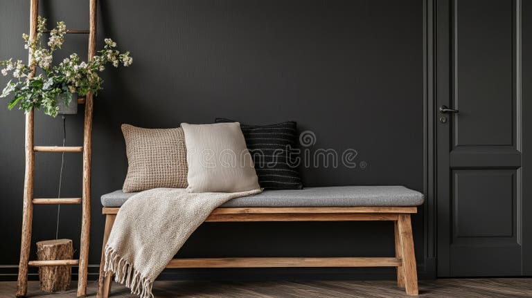 Stylish Bench with Pillows, Black Wall Interior Design Decor Stock ...