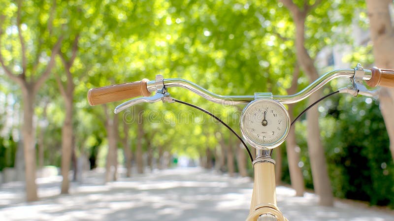 Stylish Bicycle Handlebars with Clock in Park on Sunny Day Stock ...