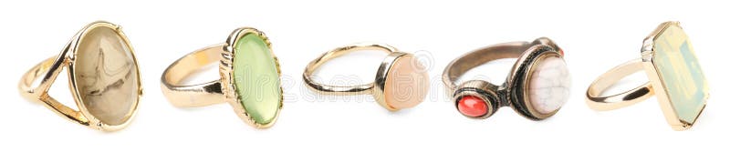 Stylish Bijouterie. Many Different Rings Isolated on White, Collection ...