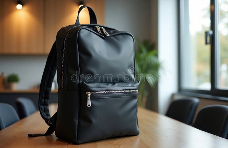 Stylish Black Backpack Sits on Wooden Table in Modern Interior. Modern ...