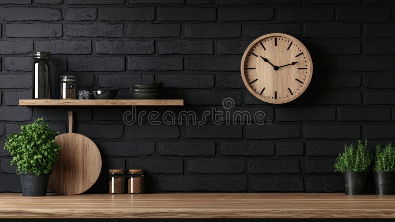 Stylish Black Brick Kitchen Wall Featuring Wooden Clock and Shelf ...