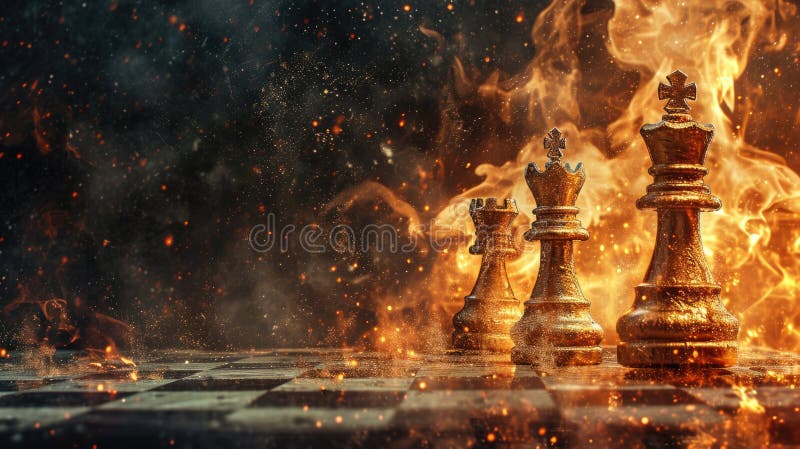 Stylish Black Chess Stands on a Chessboard and a Fire is Burning Around ...
