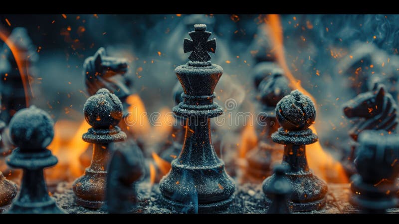Stylish Black Chess Stands on a Chessboard and a Fire is Burning Around ...
