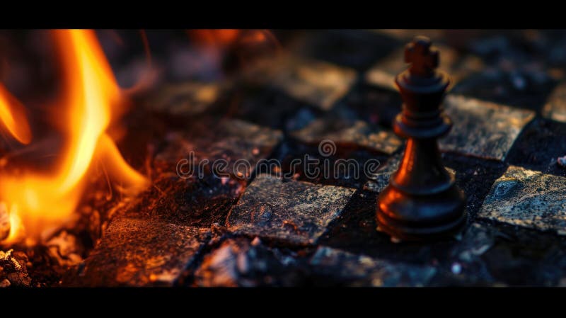 Stylish Black Chess Stands on a Chessboard and a Fire is Burning Around ...