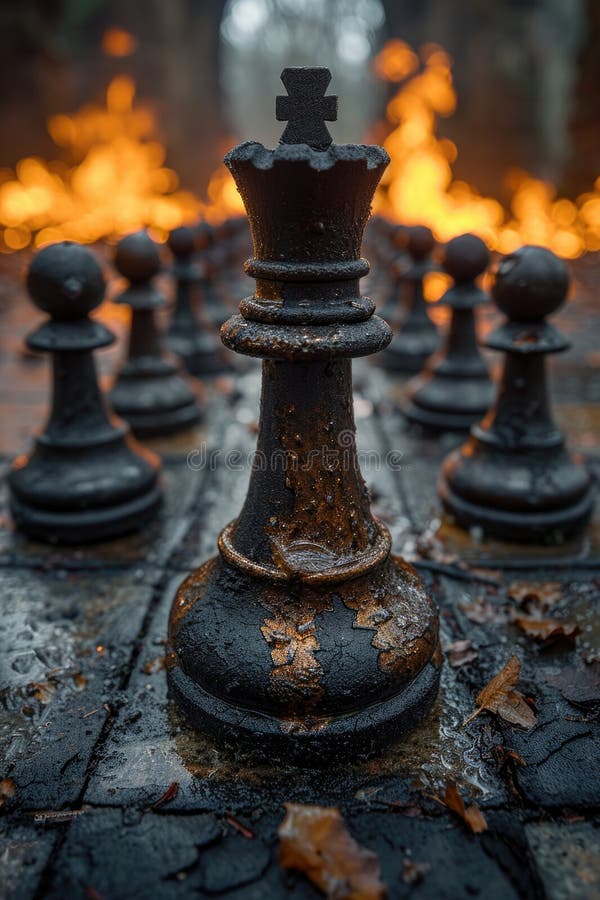 Stylish Black Chess Stands on a Chessboard and a Fire is Burning Around ...