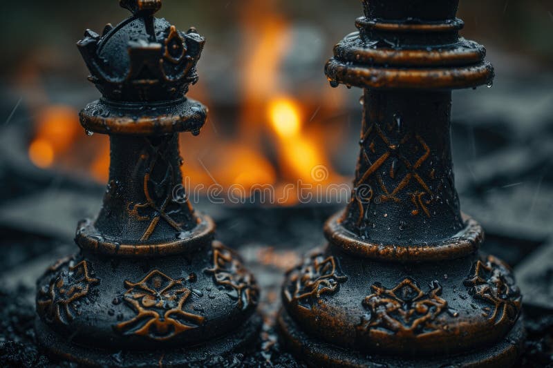 Stylish Black Chess Stands on a Chessboard and a Fire is Burning Around ...