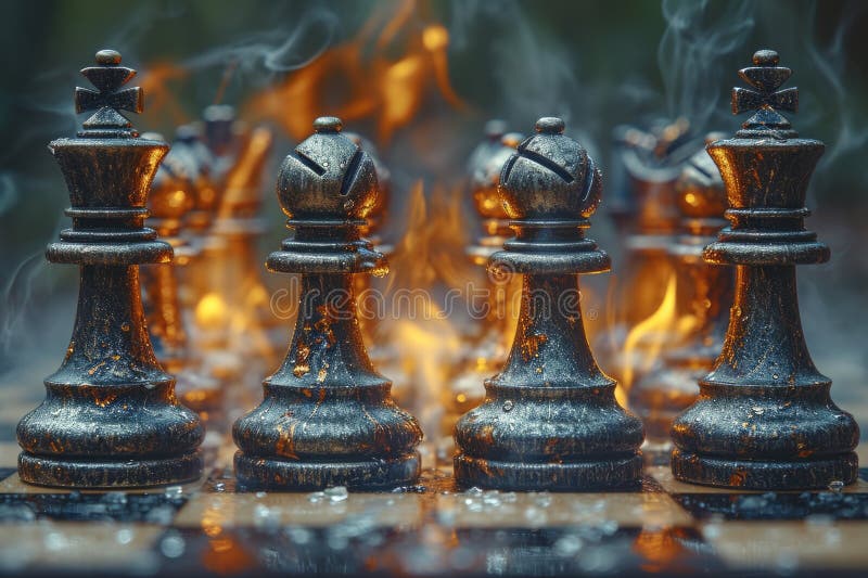Stylish Black Chess Stands on a Chessboard and a Fire is Burning Around ...