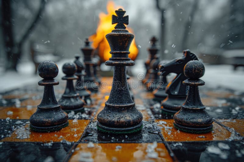 Stylish Black Chess Stands on a Chessboard and a Fire is Burning Around ...