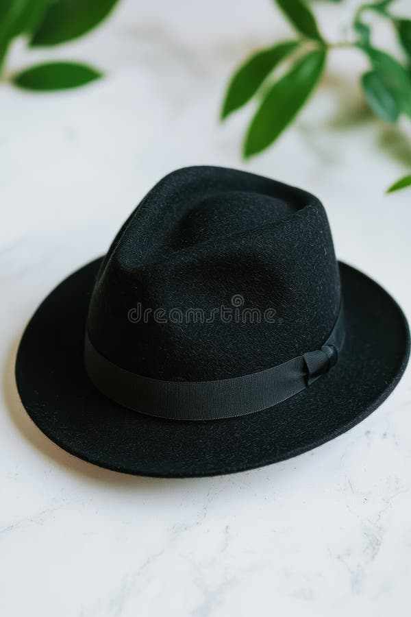Stylish Black Fedora Hat on White Background with Greenery Stock ...