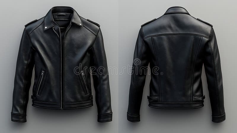 Stylish Black Leather Jacket Front, Back Views. Modern Design with ...