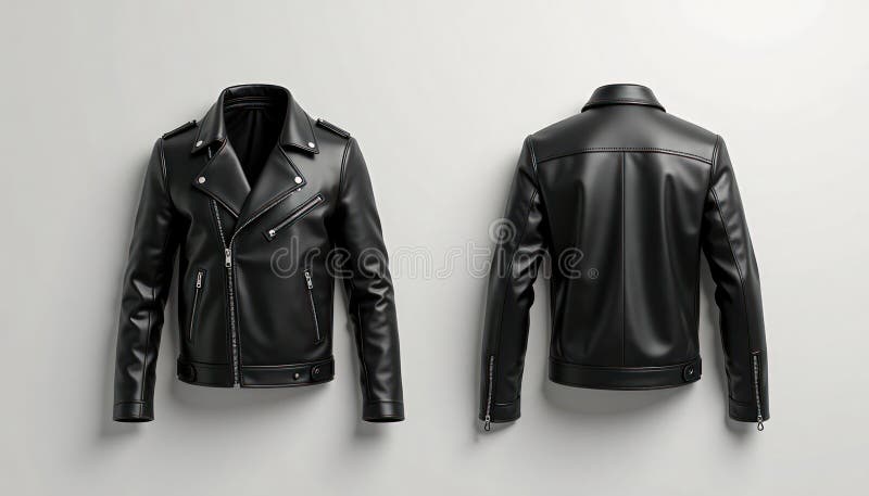 Stylish Black Leather Jacket Presented in Front, Back Views. Modern ...