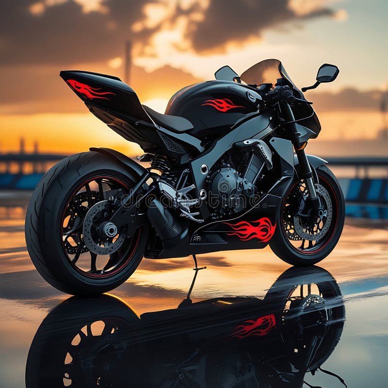 Stylish Black Motorcycle with Fiery Graphics at Sunset Stock ...
