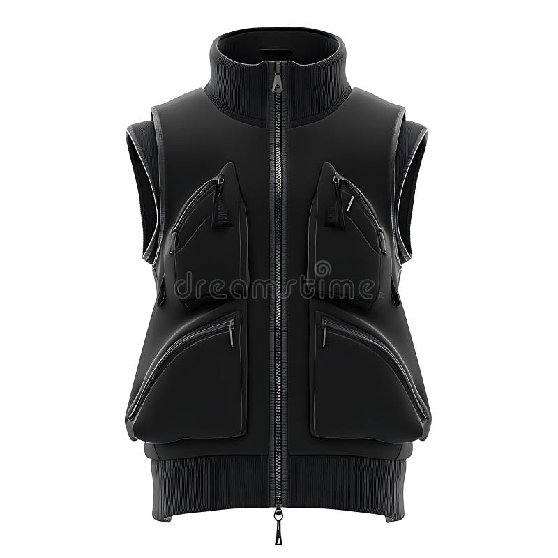 Stylish Black Sleeveless Jacket with Multiple Pockets a Detailed Render ...