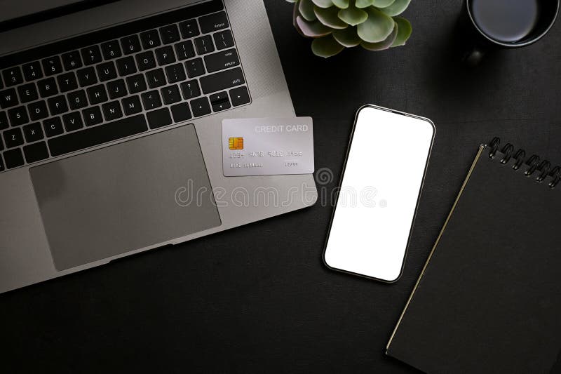 Stylish Black Tabletop Workspace with Smartphone Mockup, Credit Card ...