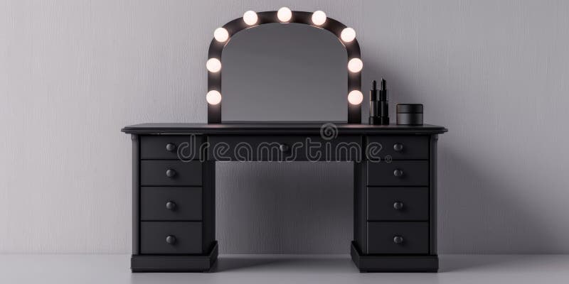A Stylish Black Vanity Table with Lights and Makeup Placed on Top ...