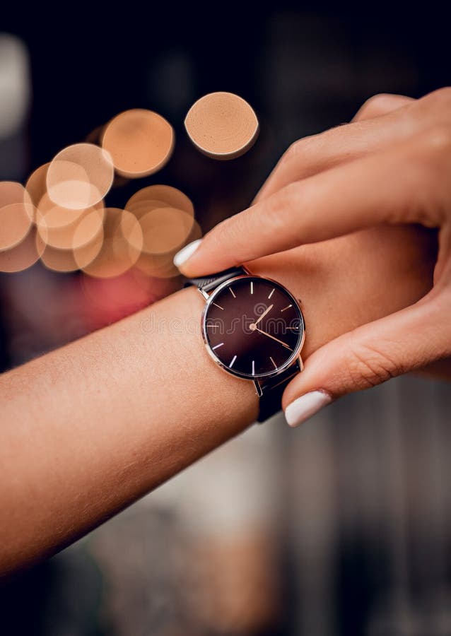 Stylish Black Watch on Woman Hand Stock Photo - Image of fabulous ...