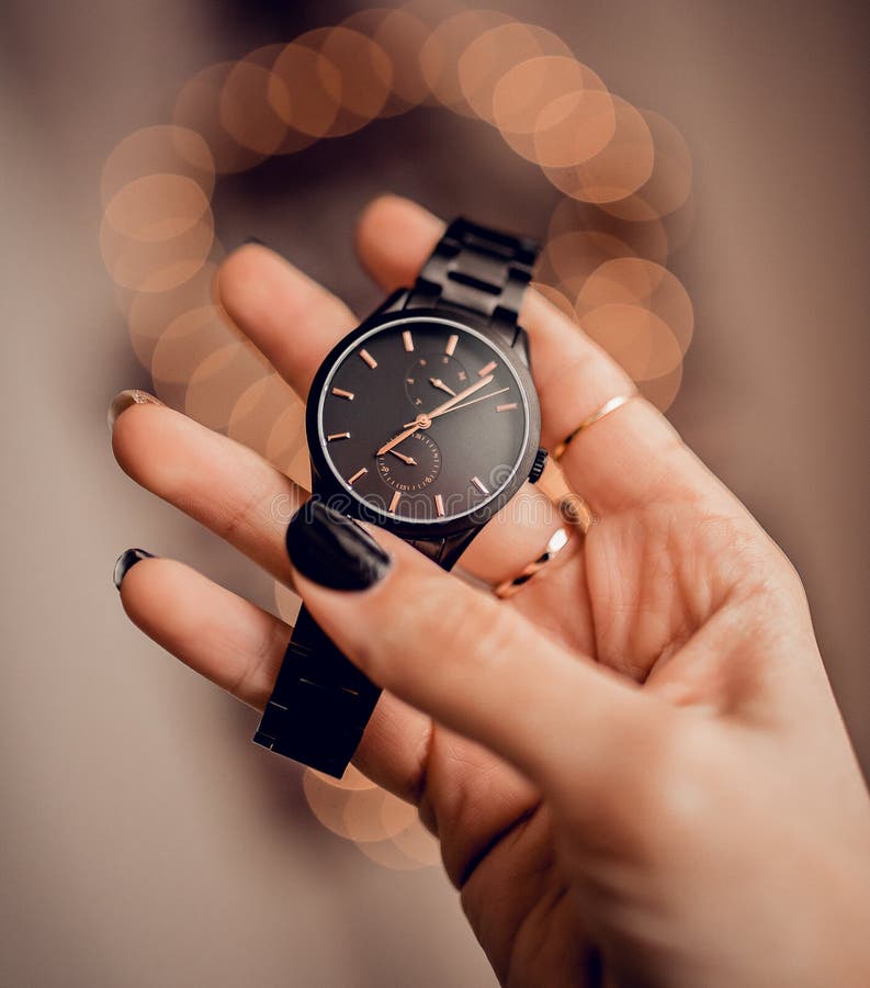 Stylish Black Watch in Woman Hand Stock Image - Image of close, person ...