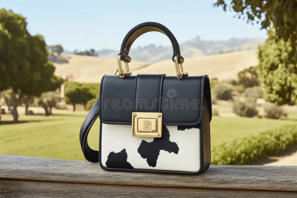 Stylish Black and White Handbag on Rustic Outdoor Setting Stock ...