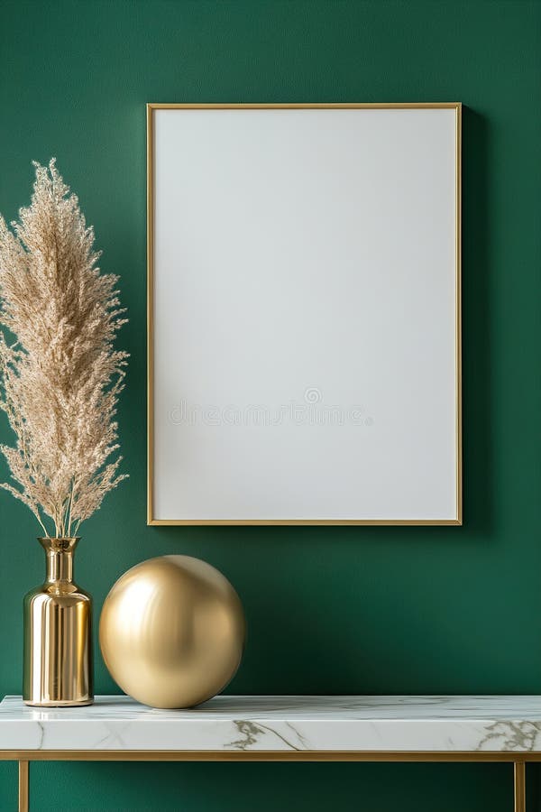 A Stylish Blank Frame with a Gold Border Hangs on a Deep Emerald Wall ...
