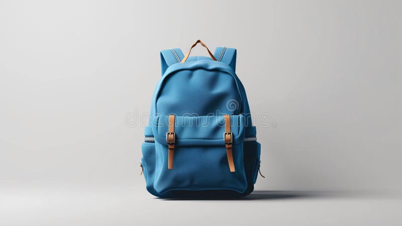 Stylish Blue Backpack with Brown Straps and Zippers Displayed on a ...