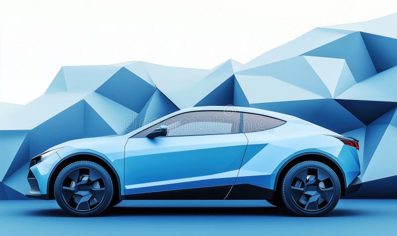 Stylish Blue Electric Car Against Geometric Blue Background with Modern ...