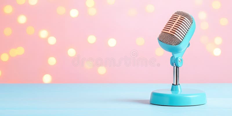 Stylish Blue Vintage Microphone with Glowing Pink Bokeh Lights, Set on ...