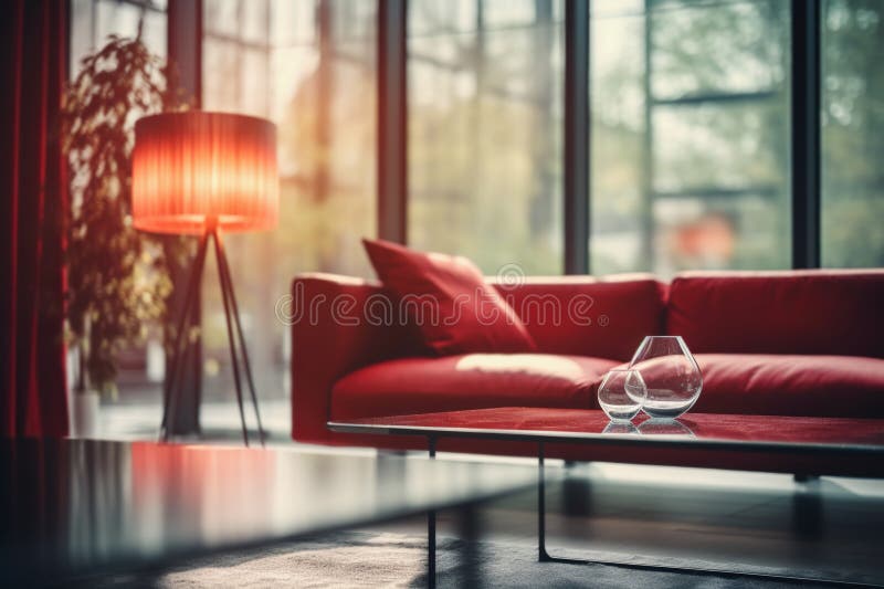 Stylish Blurred Minimal Interior with Red Sofa and Motion Blur Light ...