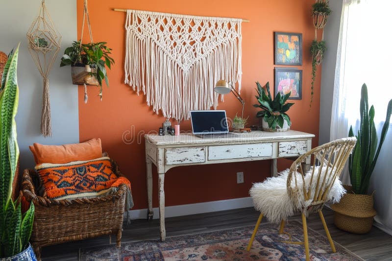Stylish Boho Chic Workspace with Orange Accent Wall, Macrame Hanging ...
