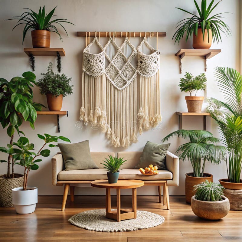Stylish Boho Home Decor** Scene with Macrame and Plants Stock ...
